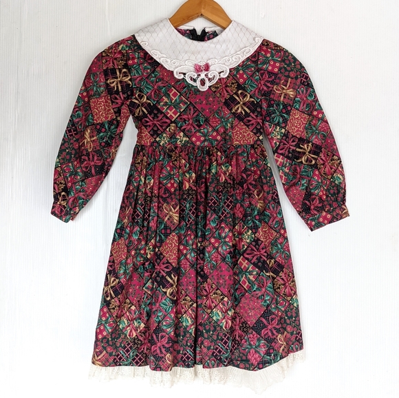 Vintage | Dresses | Vintage Girls Holiday Plaid Dress With Lace Bib ...